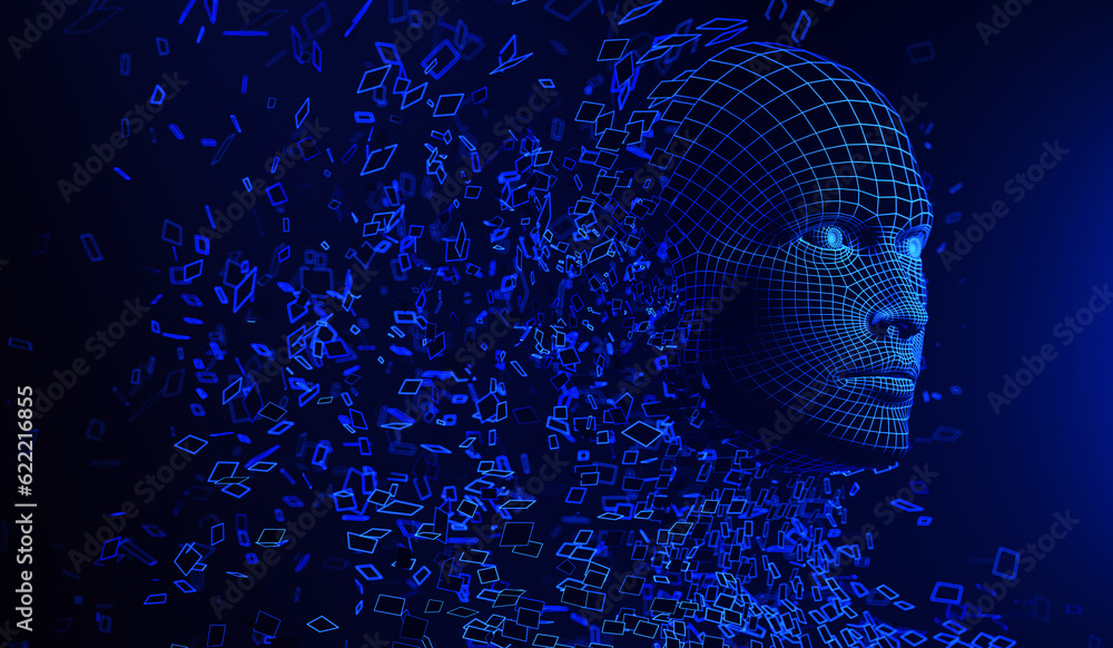 Digital human face. Artificial intelligence AI. Dispersion dissolve ...