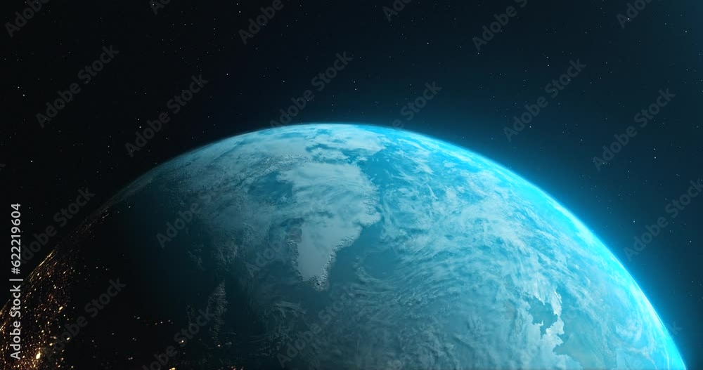 Cinematic blue Earth view from space, motion graphics video shows the ...