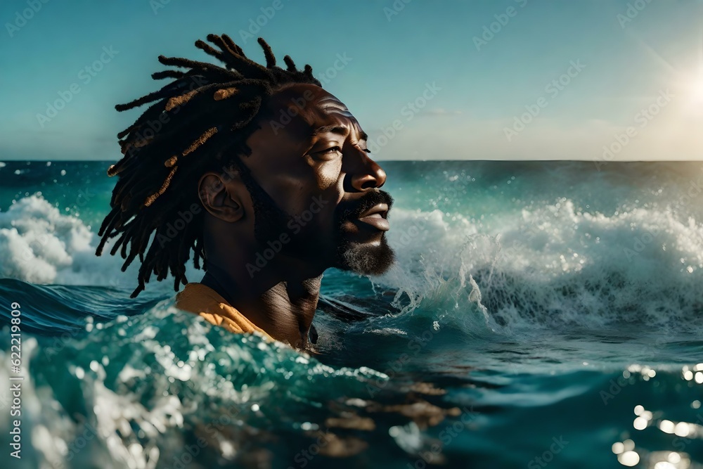 Digital illustration of a black rasta man swimming in the ocean. (AI ...