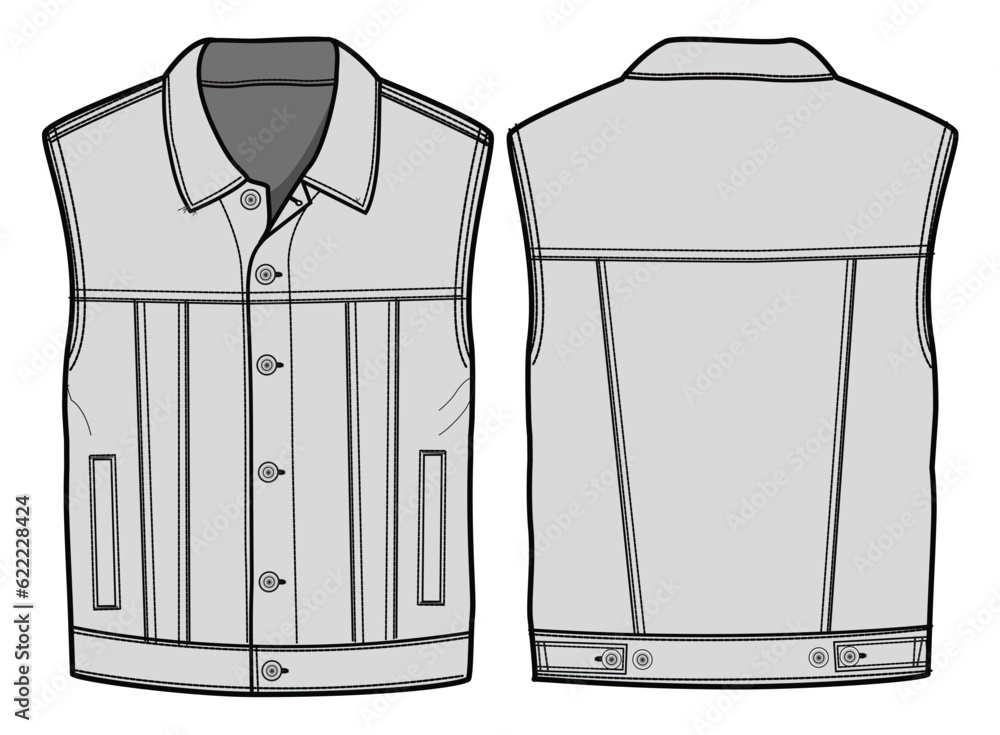 Sleeveless Racer Jacket Front and Back View. Fashion Flat Sketch Vector ...