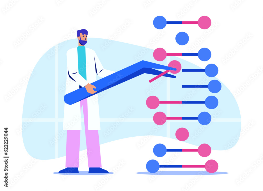 Man in white coat splitting DNA code with tweezers in laboratory ...