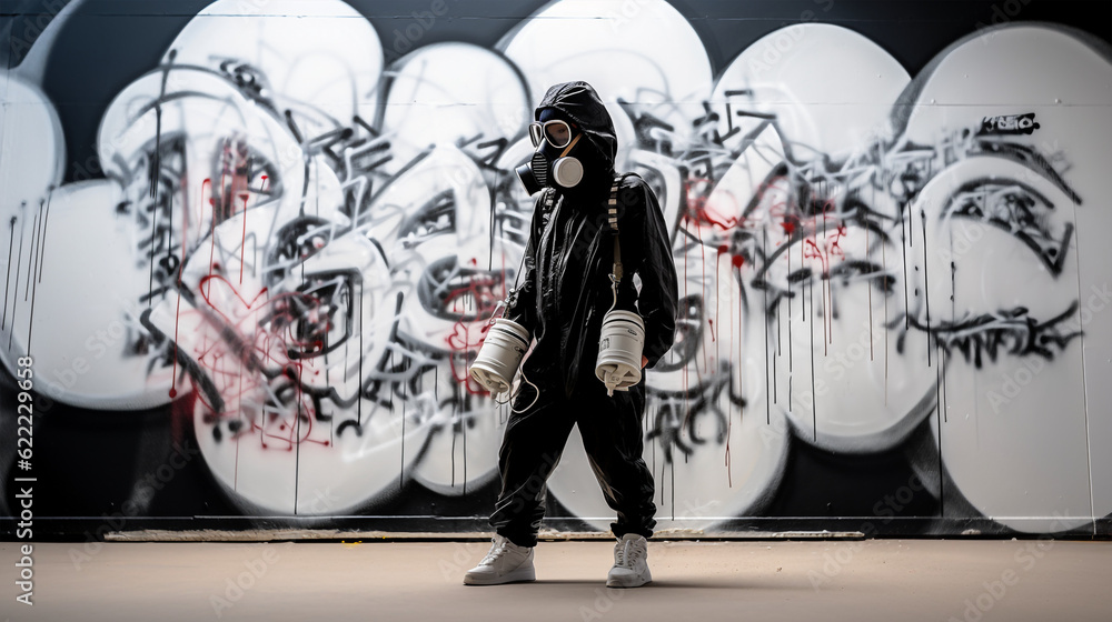 Vandal street artist painting graffiti on wall with spray, urban street ...