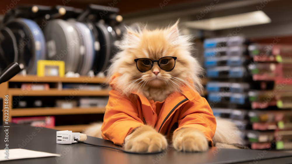 Cat manager-mellow and laid-back in a warehouse wearing glasses, Maine ...