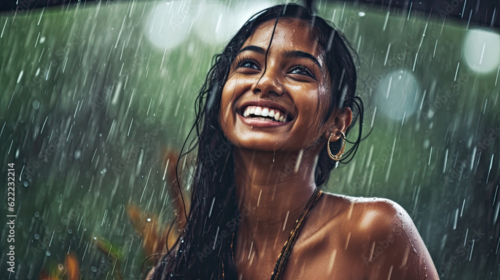 Happy Beautiful Indian Girl Under Tropical Rain Wet Hair And Shirt