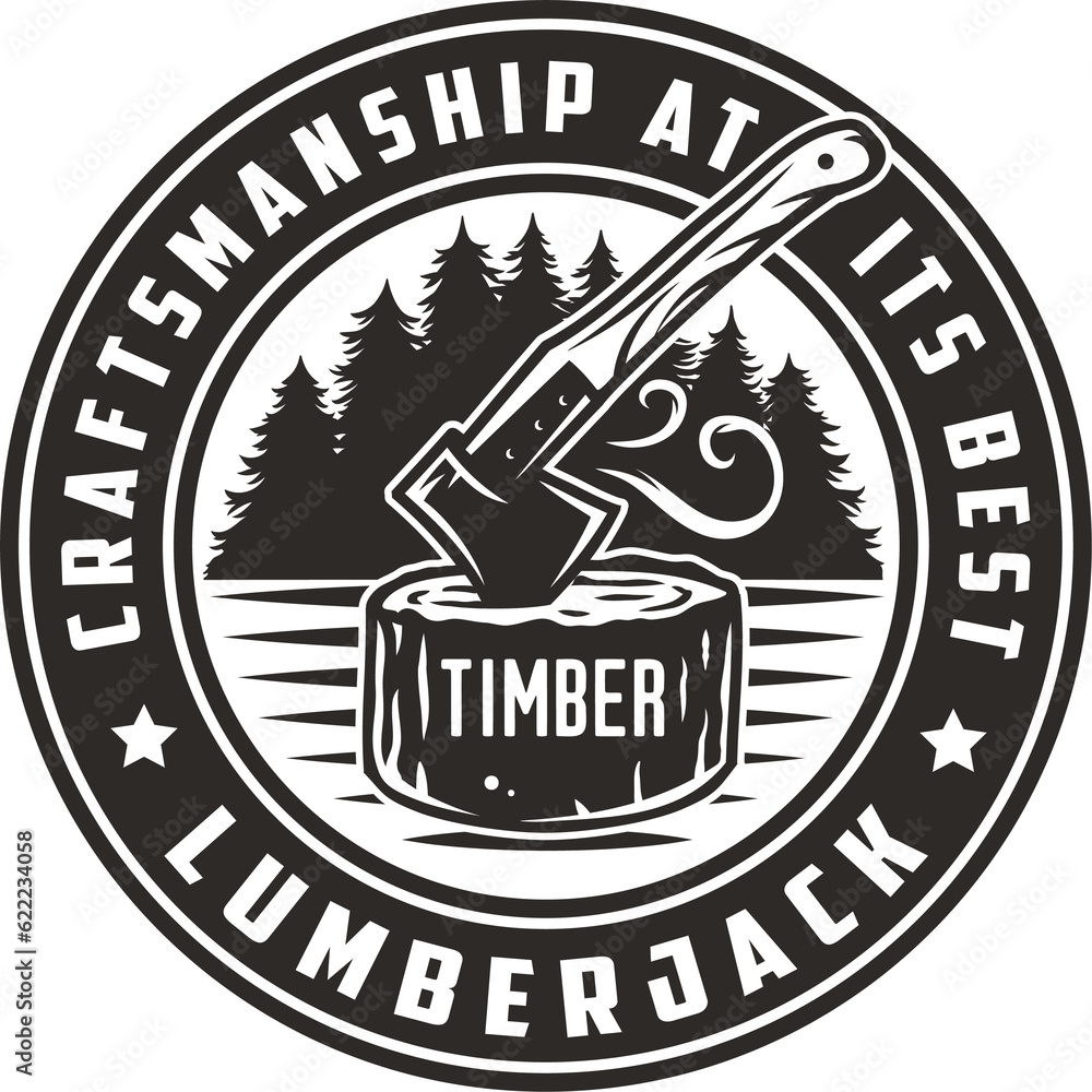 Logo, emblem with sharp axe of lumberjack and axeman. Hatchet or ax for ...