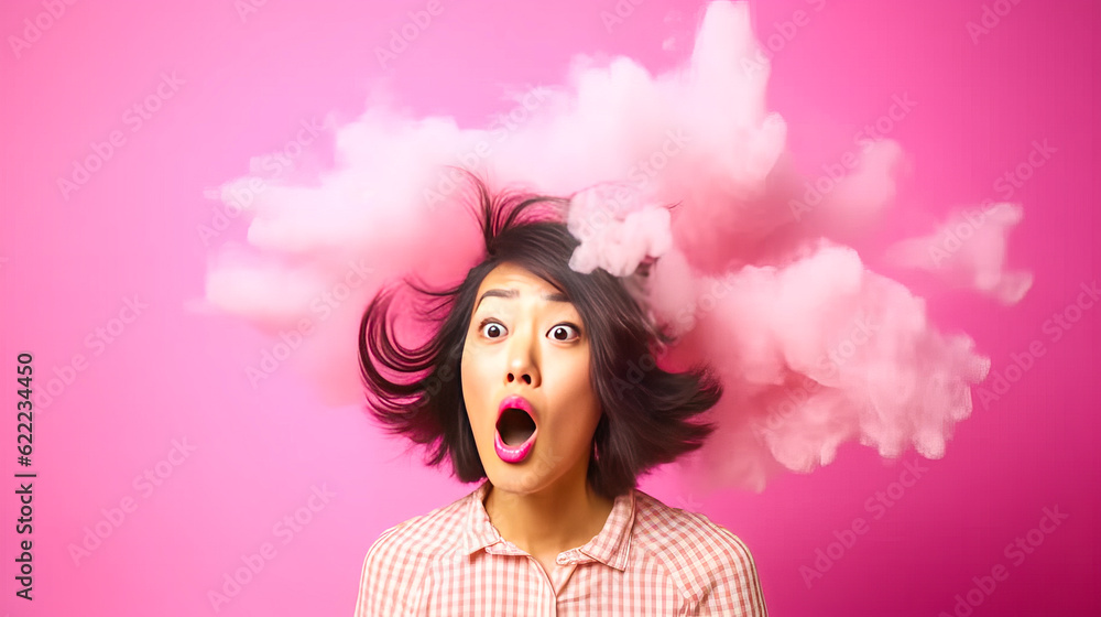 Stunning young Asian woman caught in a whirlwind of vibrant pink wind ...