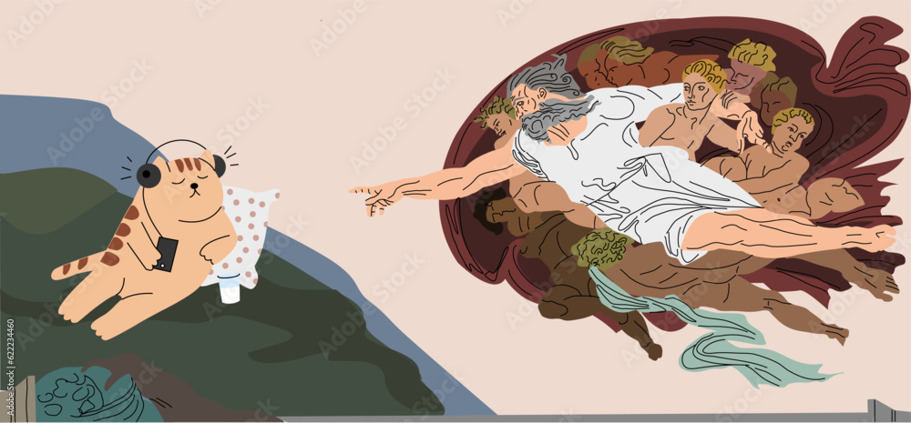 Creation of a cat. God created the cat. Painting reproduction. Vector ...