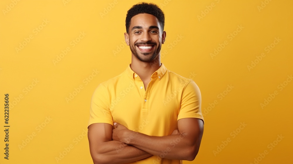 Smiling confident rich man standing isolated on yellow background ...