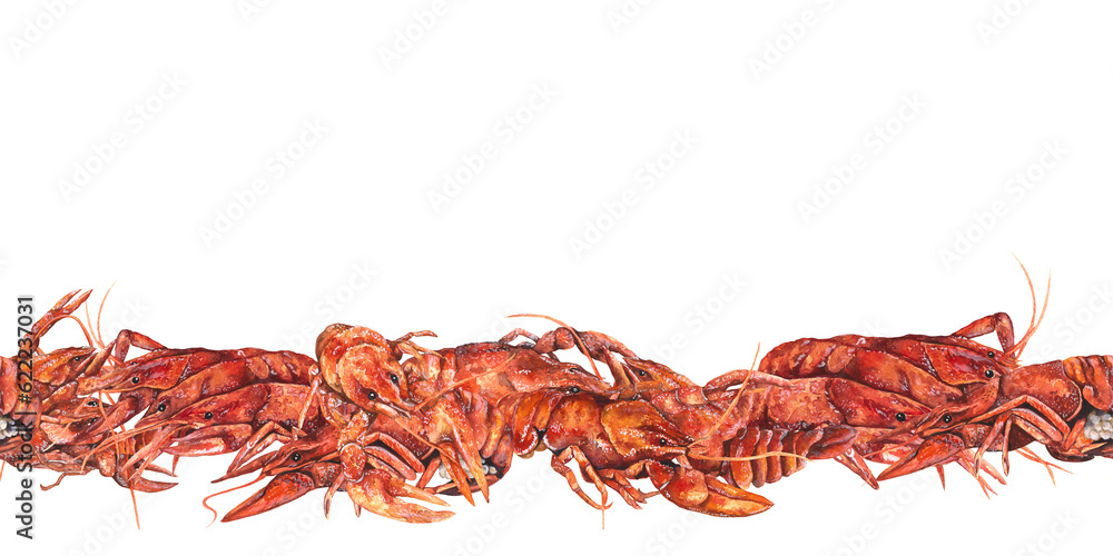 Seamless border, banner of boiled crayfish. Watercolor illustration ...