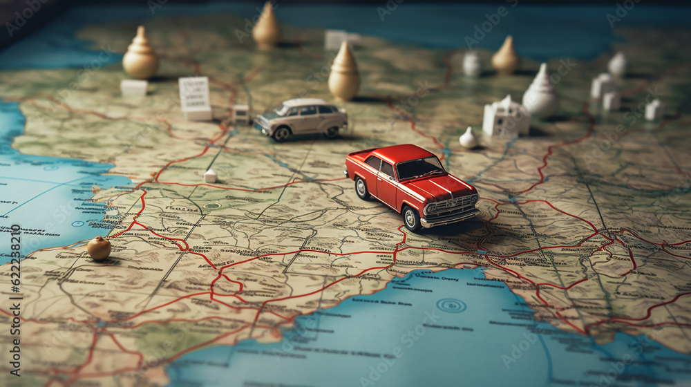 A small toy car on a world map or road map Stock Illustration | Adobe Stock