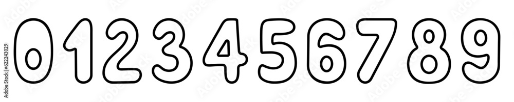 Numbers from 0 to 9. Arabic number symbols with rounded corners. Sketch ...