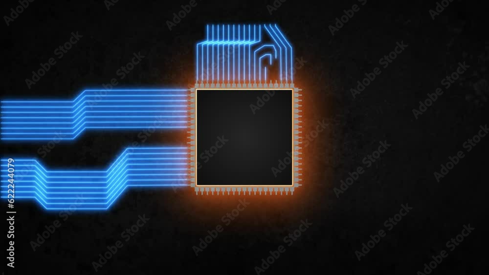 Digitalization concept the CPU activates futuristic neon glowing ...