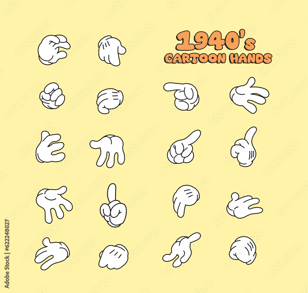 1940s vintage cartoon hands set, vector illustration Stock Vector ...