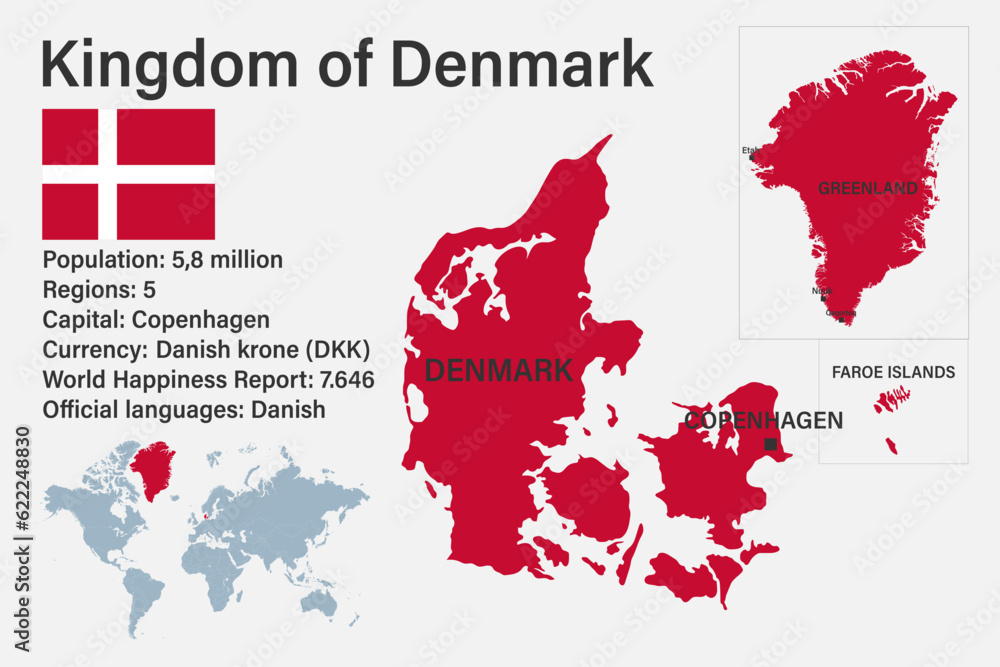 Highly detailed Kingdom of Denmark map with flag, capital and small map ...
