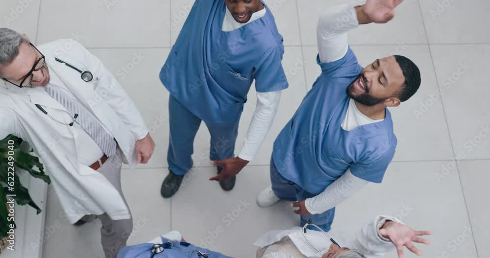 Top view, teamwork or hands of doctors or nurses in collaboration in ...