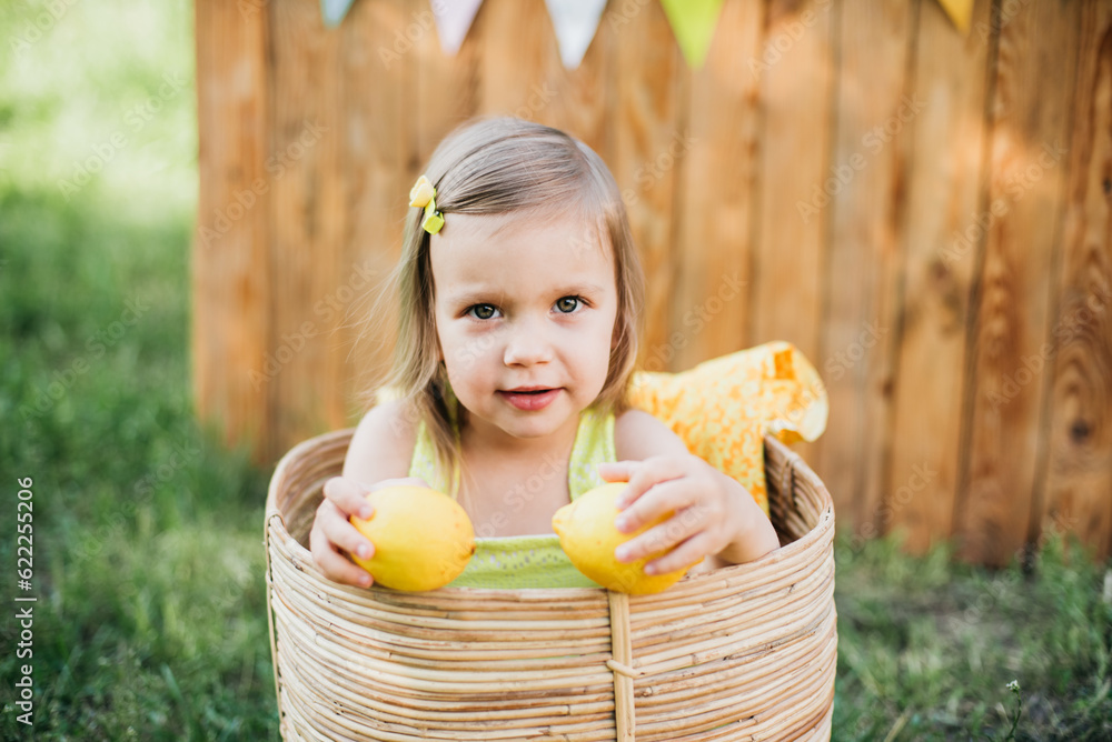Little child girl with lemons at lemonade stand in park. Portrait of ...