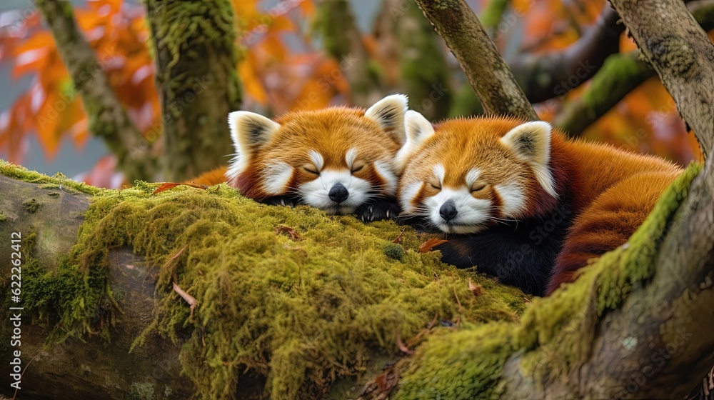 Furry red pandas peacefully napping in trees. These adorable creatures ...
