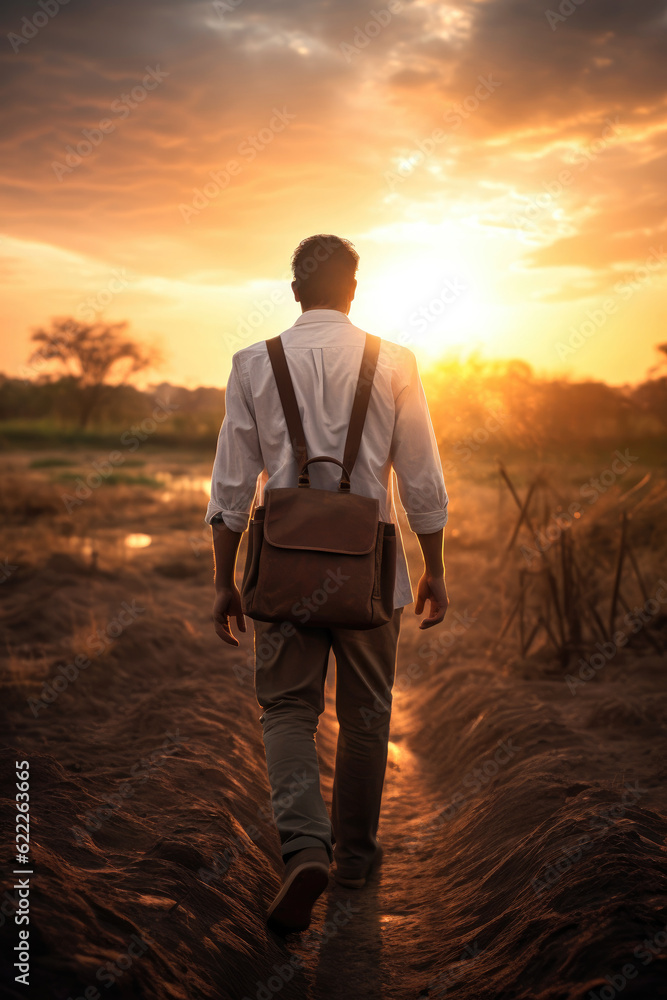 Missionary man with suitcase on his back walking through the field at ...