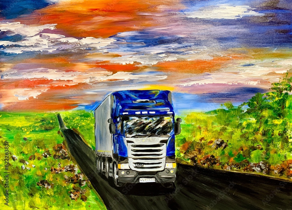 Oil painting of Scania truck on canvas. Big truck on the road acrylic ...