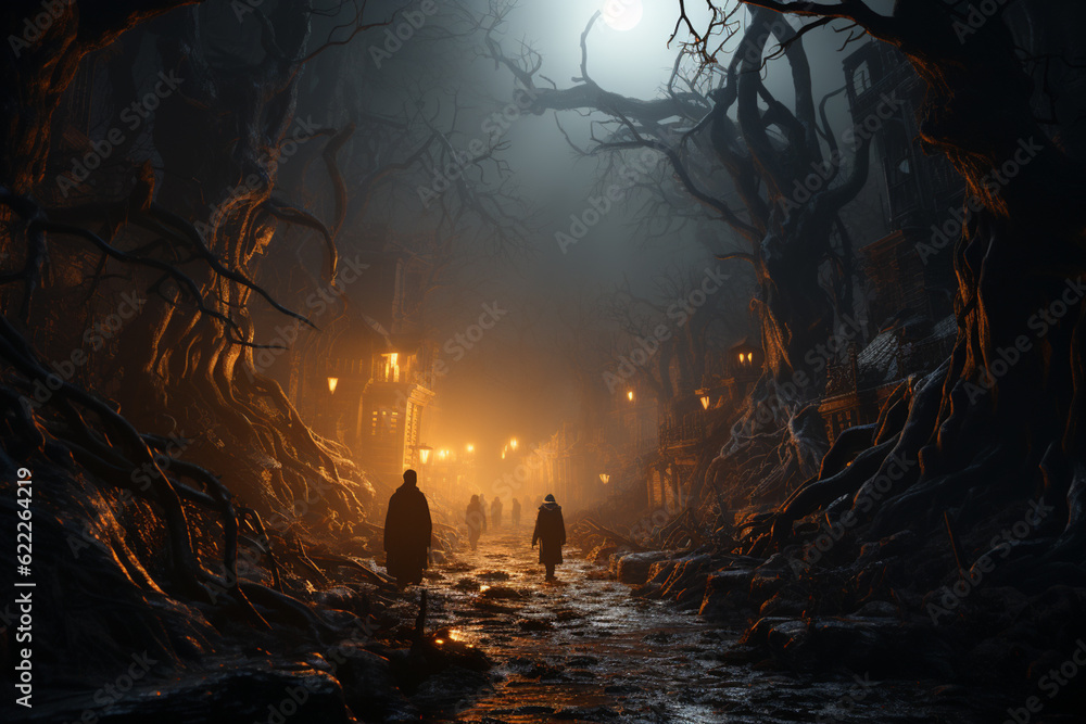 A haunted forest scene, with gnarled trees, floating ghostly figures ...