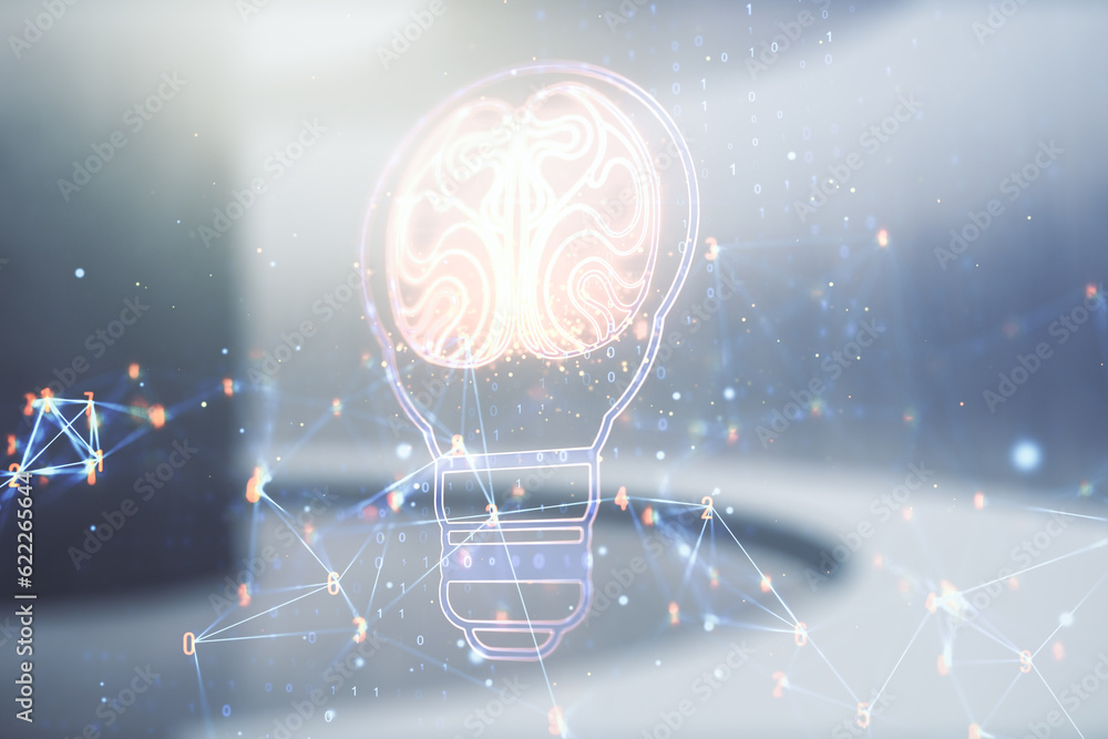 Abstract virtual idea concept with light bulb and human brain ...