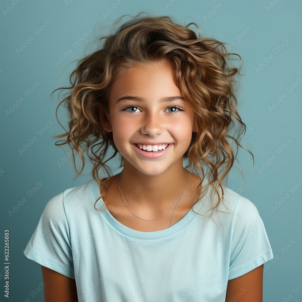 Portrait of a smiling beautiful teen girl with curly hair on blue ...