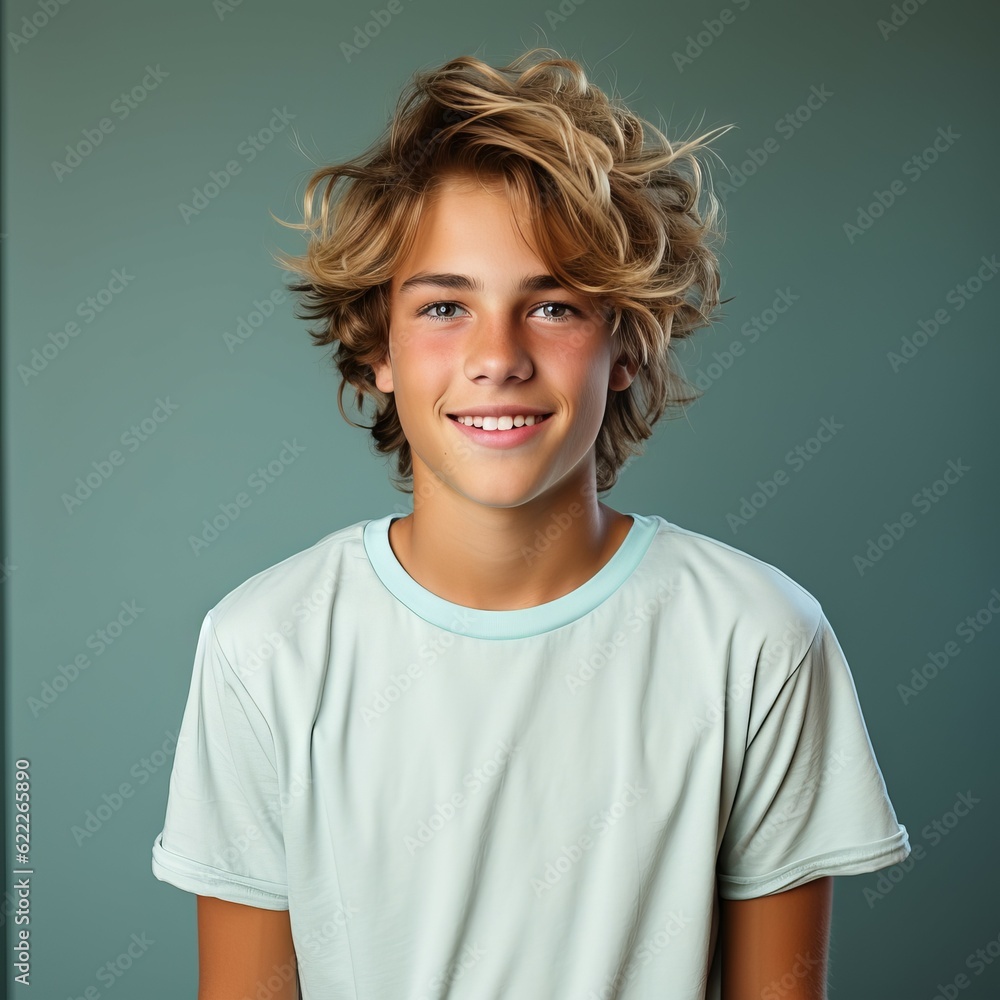 Portrait of a happy smiling teen boy with blond hair. Closeup face of ...