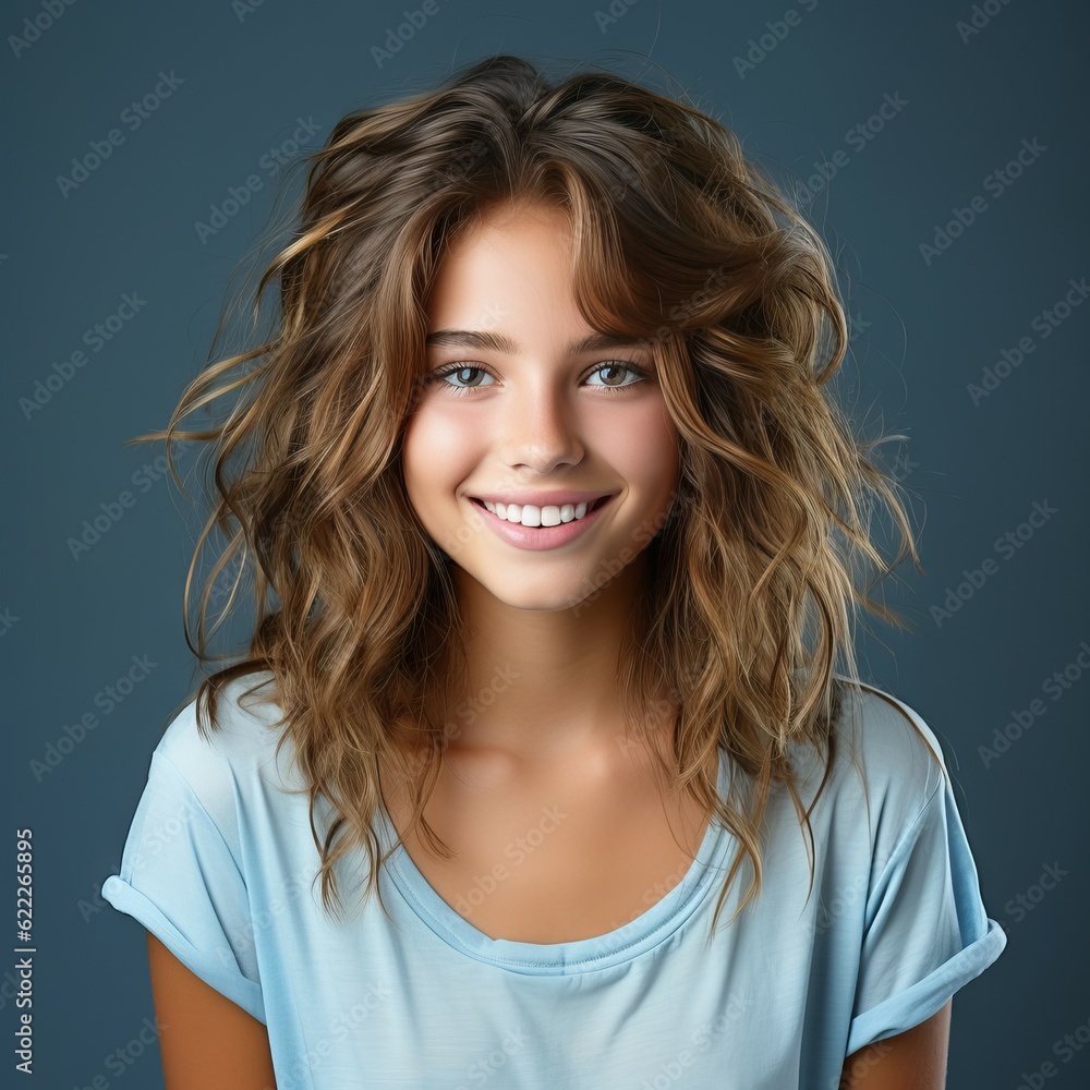 Portrait of a smiling beautiful teen girl with curly hair on blue background. Happy teenage girl ...