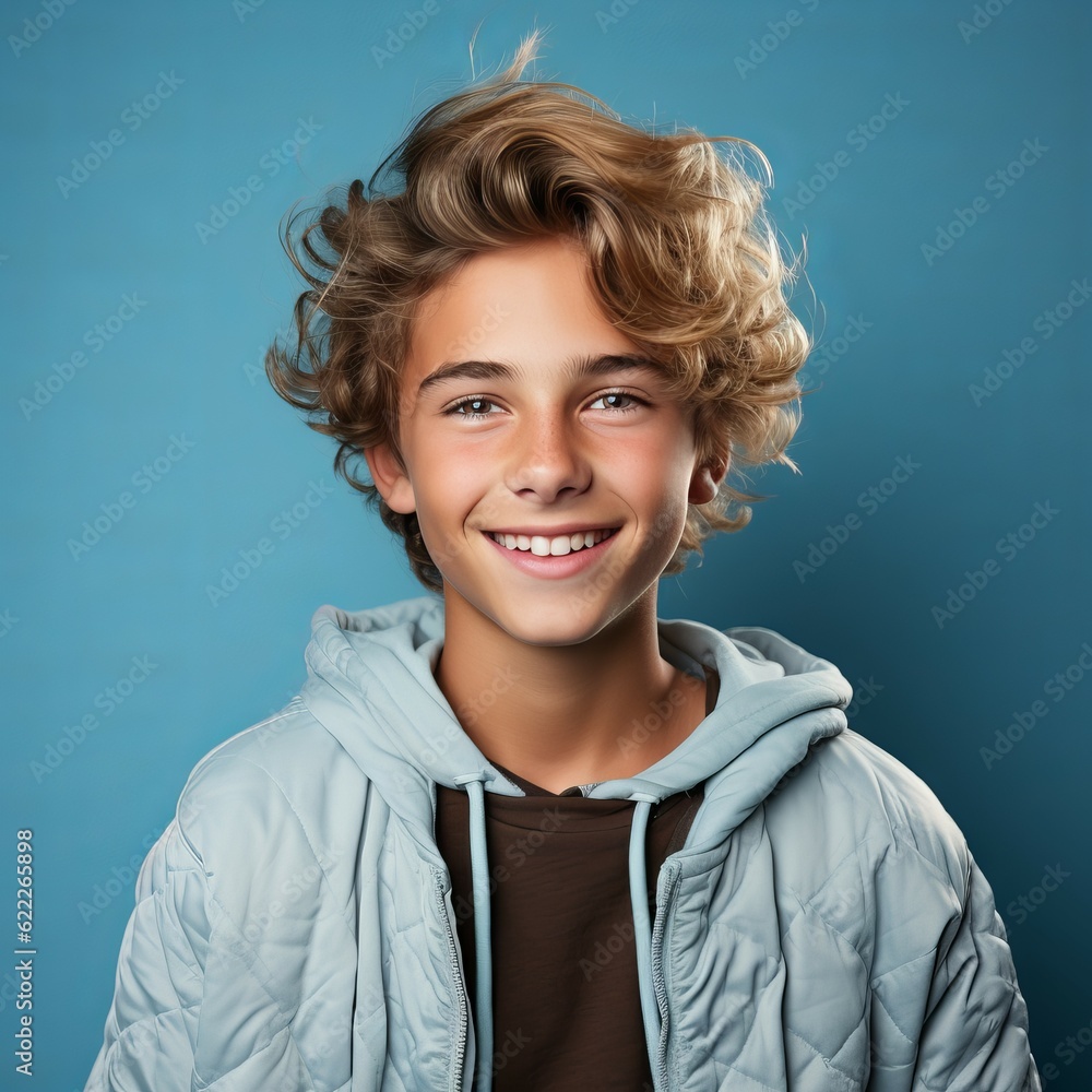 Portrait of a happy young boy in a winter jacket. Blue background ...