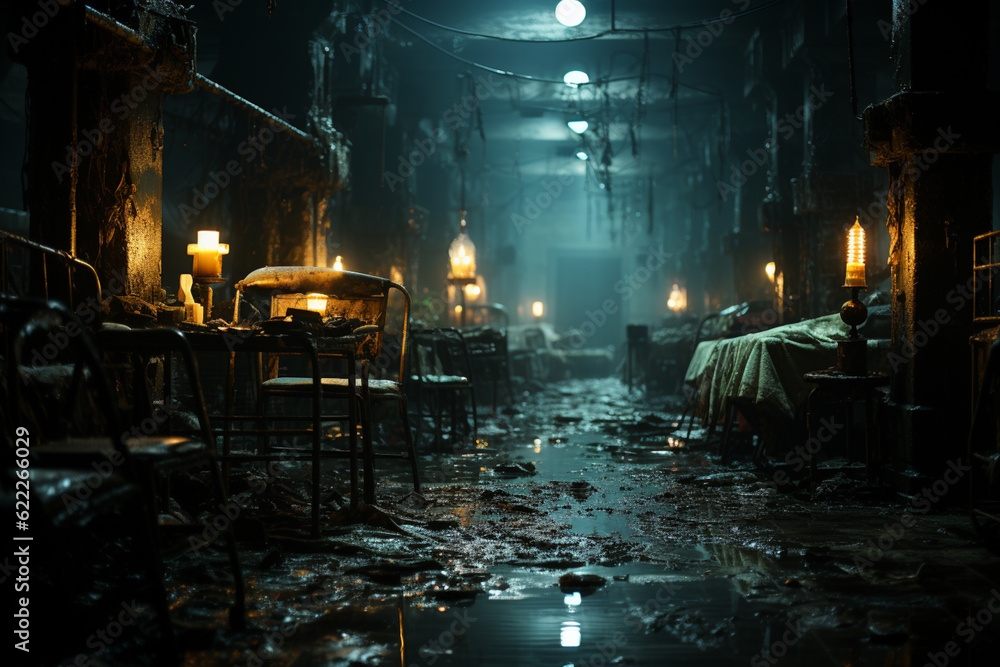 A dilapidated hospital, with shattered windows and flickering lights ...