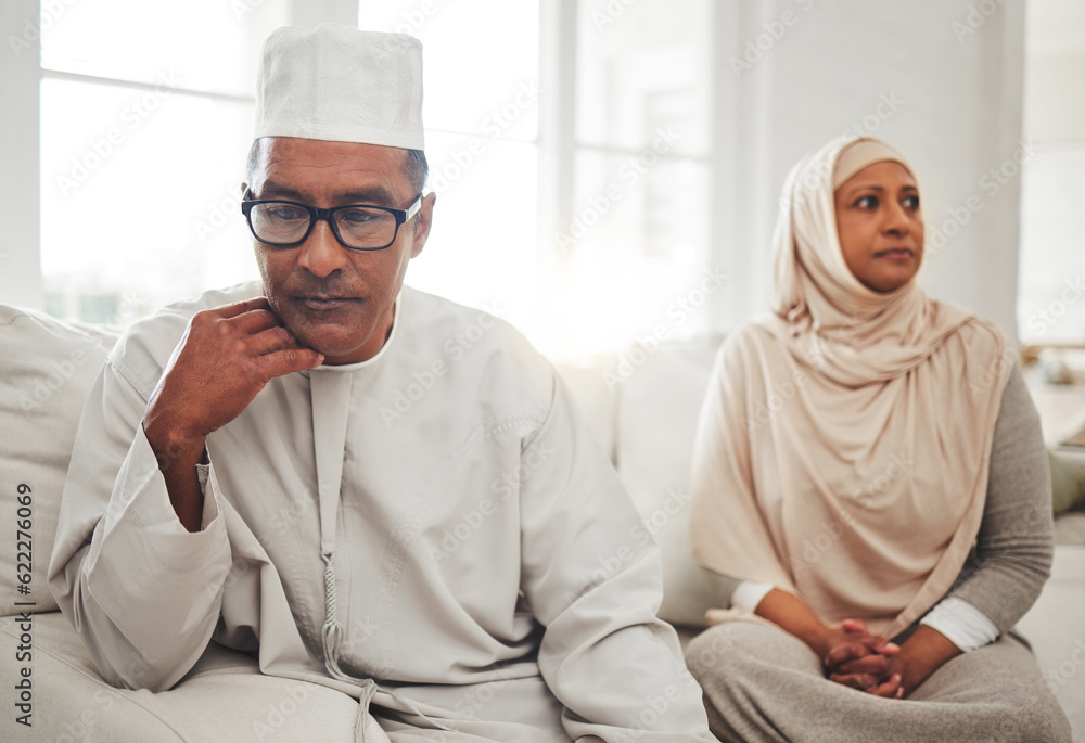 Muslim couple, fight or mature man with depression, problem or divorce ...