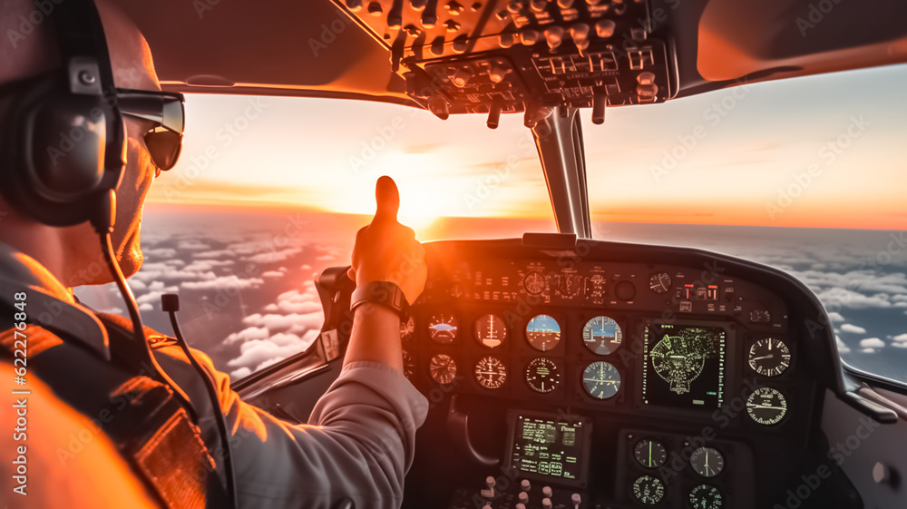 Pilot in cockpit shows thumbs up. Man pilot in uniform flying craft ...