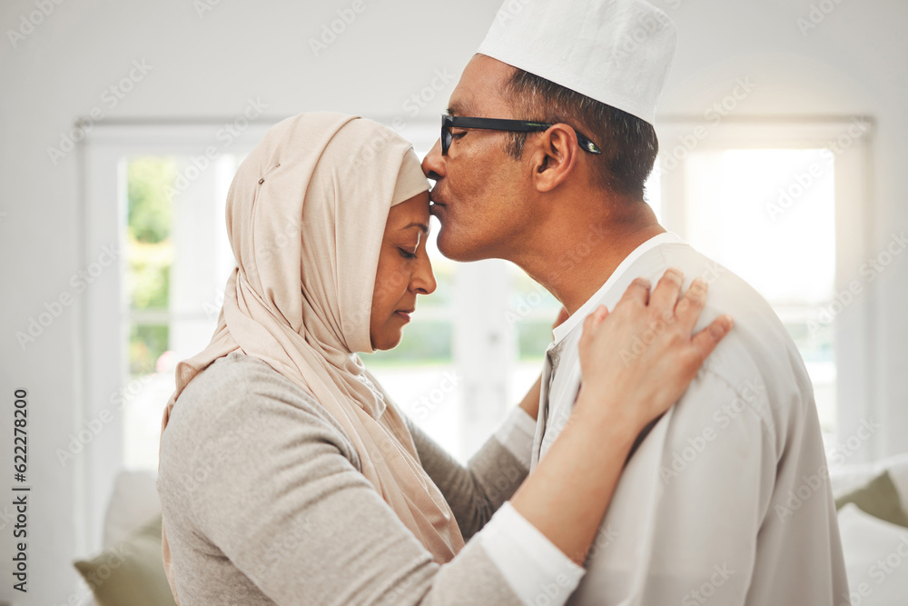 Home, Muslim elderly couple and forehead kiss, music slow dancing and ...