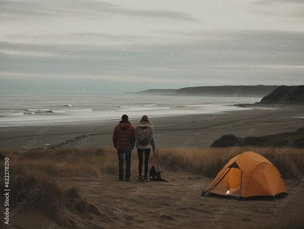 Fotka „Back view of a couple camping by the sea, example of faceless ...