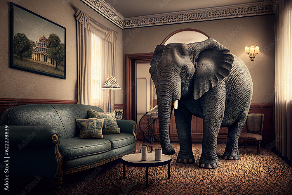 Elephant standing in a living room with a sofa, the elephant in the ...
