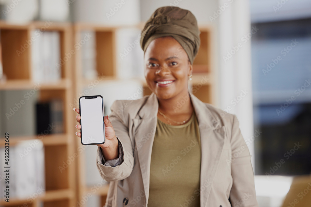 Phone screen, mockup and black woman in business on mobile app, ux ...