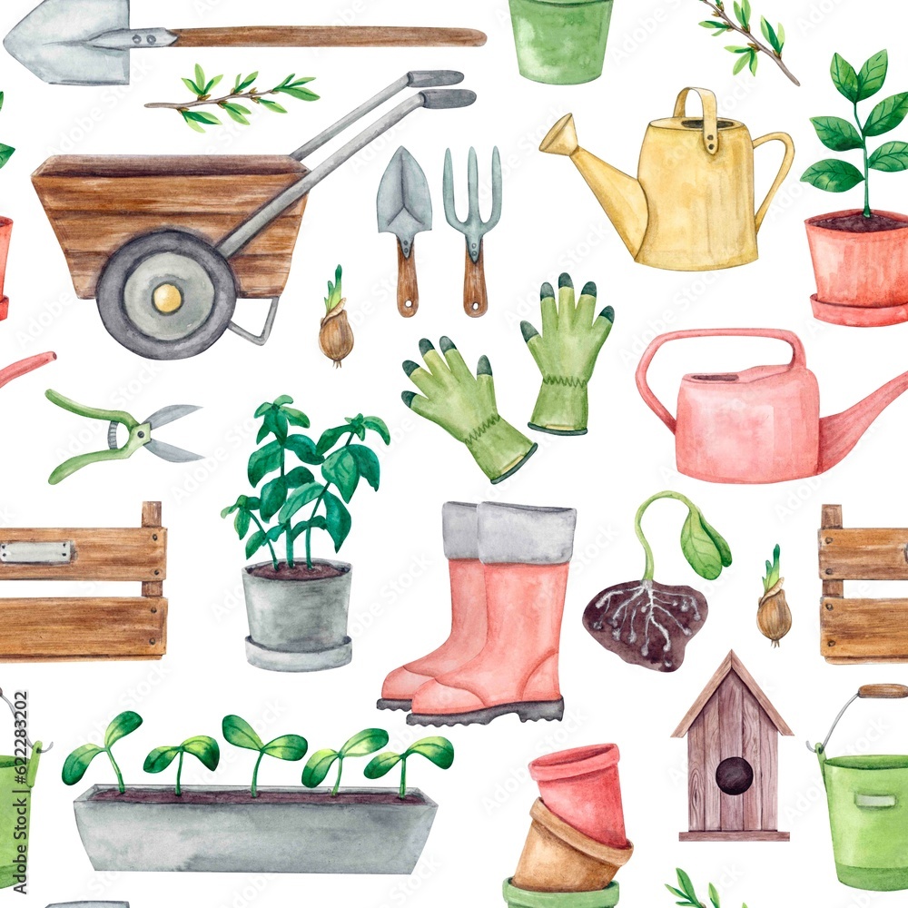 Seamless pattern with gardening tools and plants. Watering cans ...