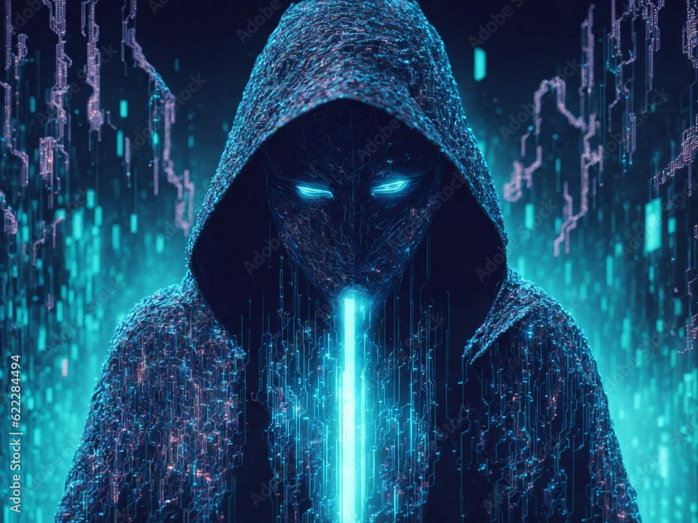 AI robot hacker, surrounded by a network of glowing data. Cybersecurity ...