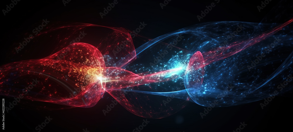 Entangled glowing red and blue particles. Science concept, illustration ...