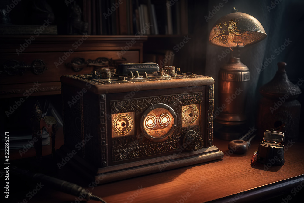 Vintage ghost box for spirit communication in a dark mid century modern ...
