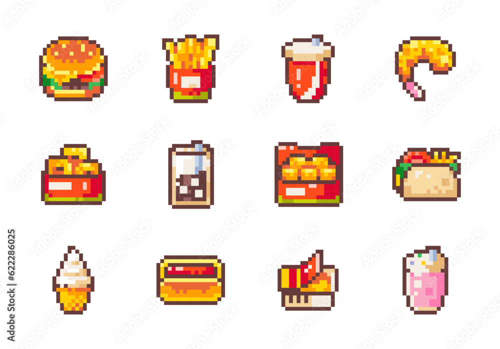 Pixel Art Fast Food Vector Set. Burger, Fries, Soda, Lemonade, Shrimp ...