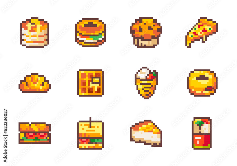 Pixel Art Fast Food Icon Set. Pizza Slice, Pancakes, Belgian Waffles ...
