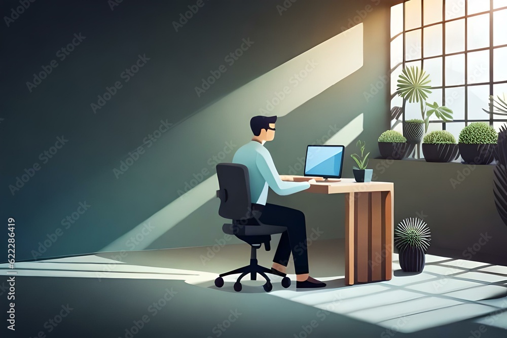 Abstract illustration of a person sitting working on the computer with ...