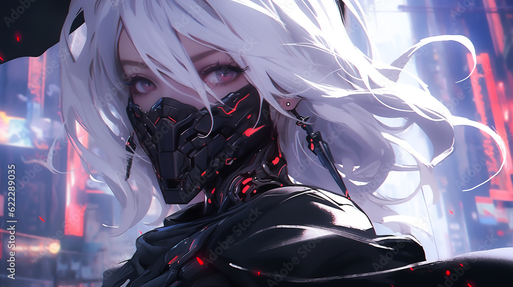Cyberpunk anime character. Cyborg warrior ninja girl, intense look ...