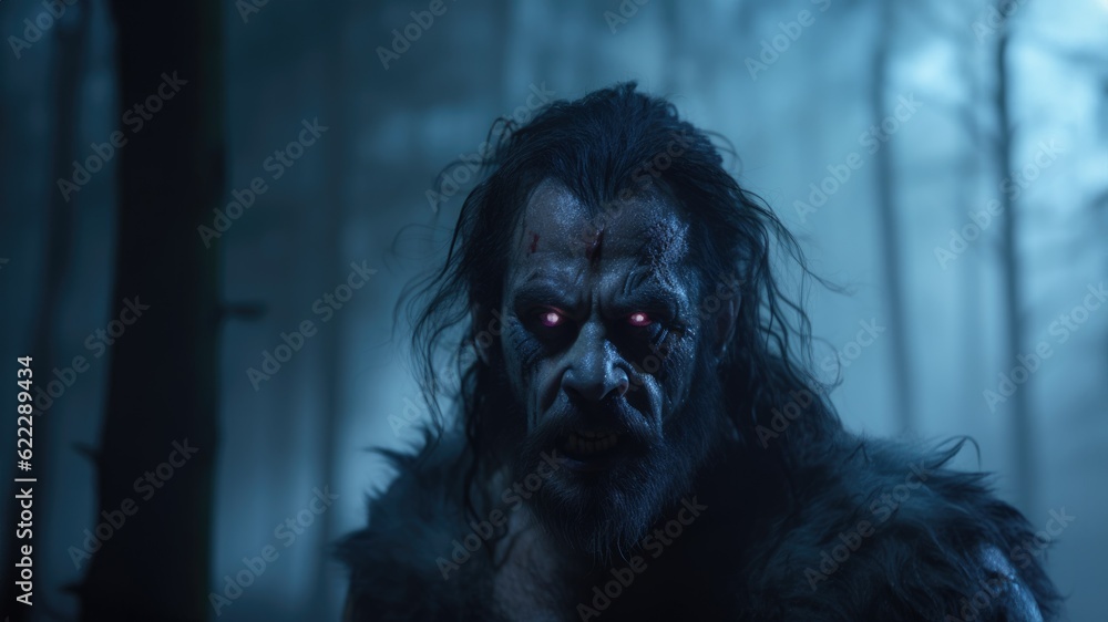 Woodland werewolf man lurking in the deepest darkest region of a scary ...