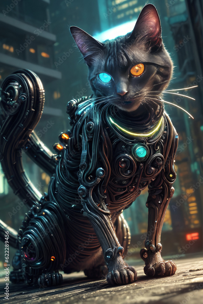 an extremely detailed biomechanical cyberpunk cat fighting with the ...