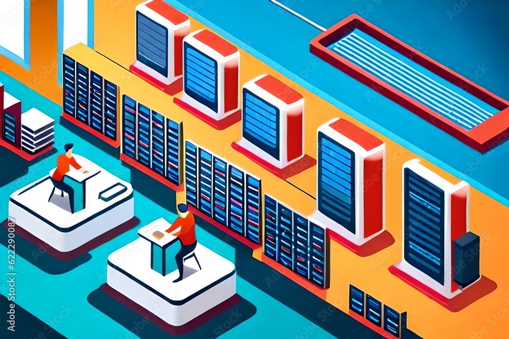 Data Center Web Concept In Isometric Design Man Working As Administrator In Server Room With