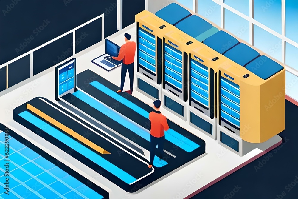 Data Center Web Concept In Isometric Design Man Working As Administrator In Server Room With