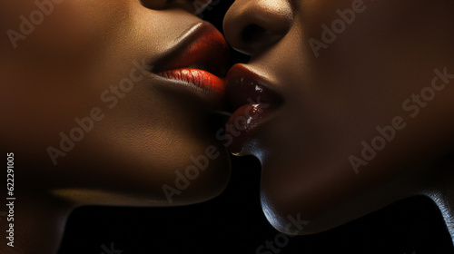 Poster Sexy Beautiful African Lesbian Couple Lips Close Up