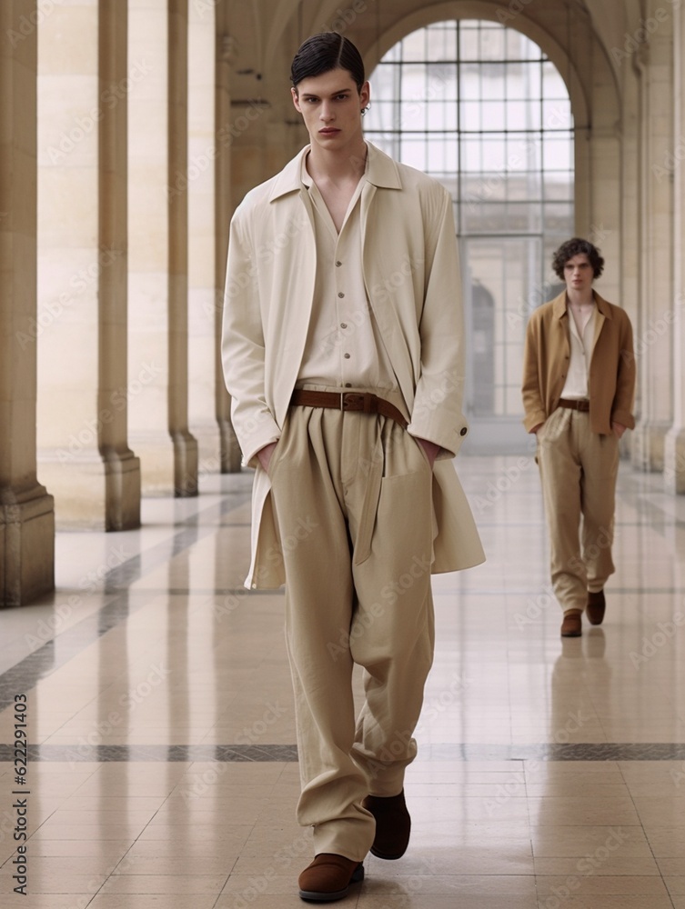 Men's fashion. Male Model in colourful clothes walks runway at Autumn ...